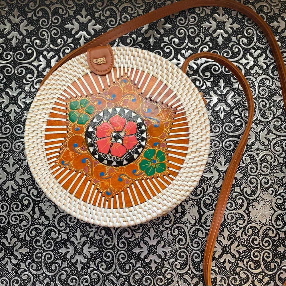 Round Wicker Rattan Crossbody Bali Bag - Gem
